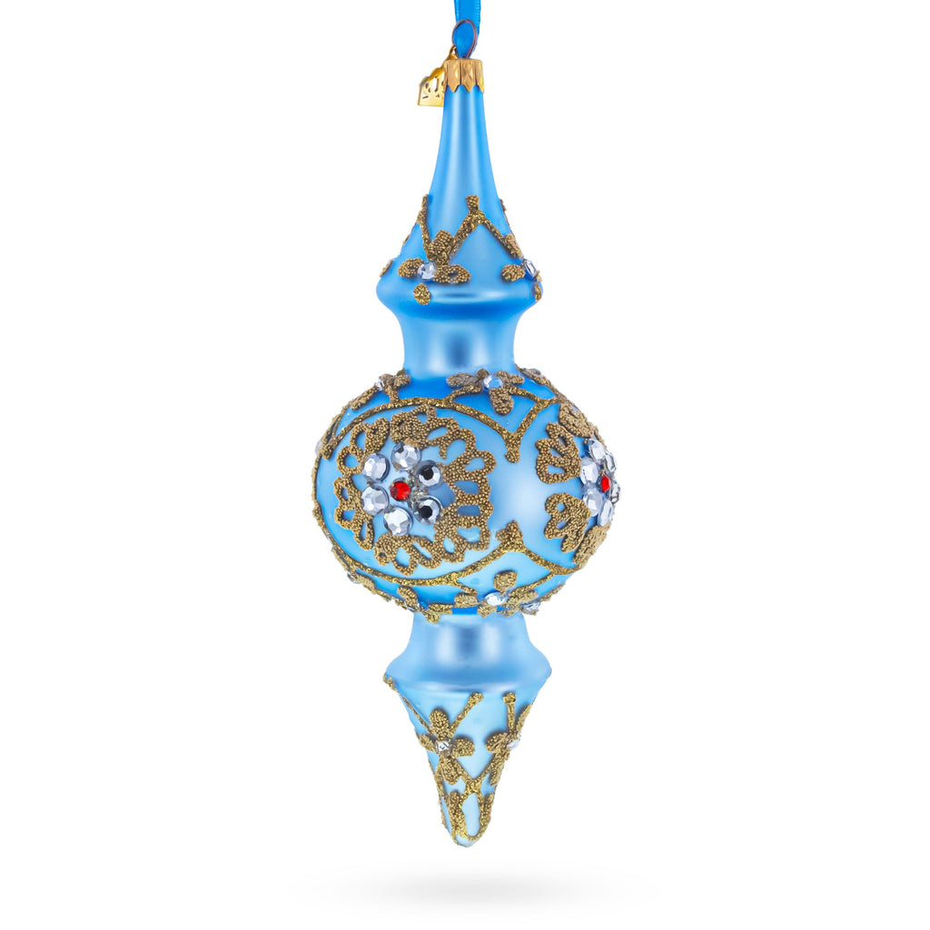 Royal Blue Jeweled Scroll Double-Ended Finial Drop Glass Christmas Orn ...